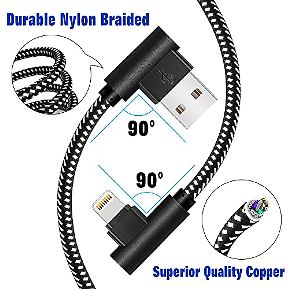 iPhone Charger [MFi Certified] 3 Pack (3/6/10FT) Nylon Braided Lightning Cable Right Angle Fast Charging Cords Compatible with iPhone 14/13/12/11/ Xs/XS Max/XR/X/8/8 Plus/7/7 Plus iPad iPod AirPods