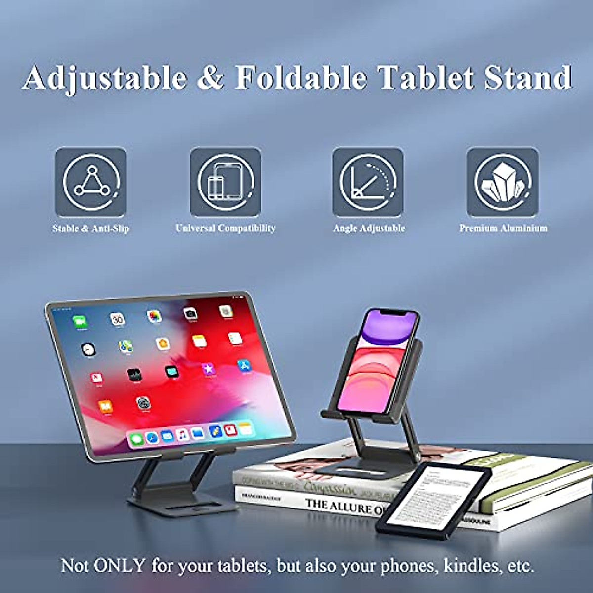 Minthouz Tablet Stand, Adjustable & Foldable Tablet Holder, Compact Aluminum Phone Stand with Anti-Slip Pads, Compatible with All 4.7-12.9 inches Mobile Phones/E-Readers/Tablets/Ultrabooks - Gray