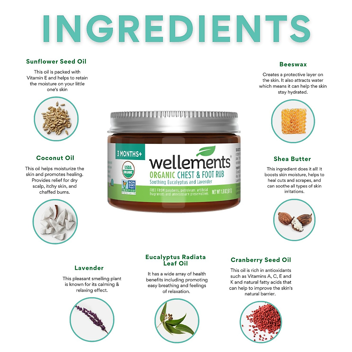 Wellements Organic Baby Chest and Foot Rub | Soothes and Comforts with Eucalyptus and Lavender | Certified Organic | Free From Petroleum, Menthol and Artificial Fragrance | 1.8 Fl Oz. | 3 Months+