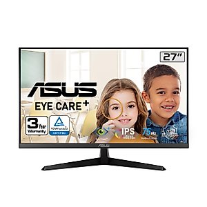 ASUS VY279HE 27” Eye Care Monitor, 1080P Full HD, 75Hz, IPS, 1ms, Adaptive-Sync, Eye Care Plus, Color Augmentation, HDMI VGA, Frameless, VESA Wall Mountable