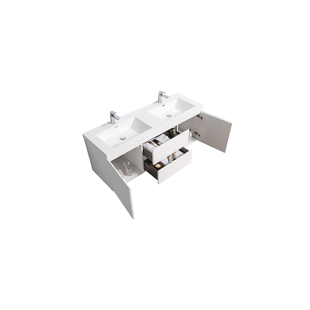 OMGO 60'' Wall Mounted Double Bathroom Vanity with White Solid Surface Sink, Modern Wood Cabinet Basin Vessel Set w/Two Drawers and 2 Storage, H90 Hanging System, Easy Installation