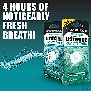 Listerine Ready! Tabs Chewable Mint Tablets with Clean Mint Flavor, Revolutionary 4-Hour Fresh Breath Tablets to Help Fight Bad Breath On-the-Go, Sugar-Free, Alcohol-Free & Kosher, 8 ct