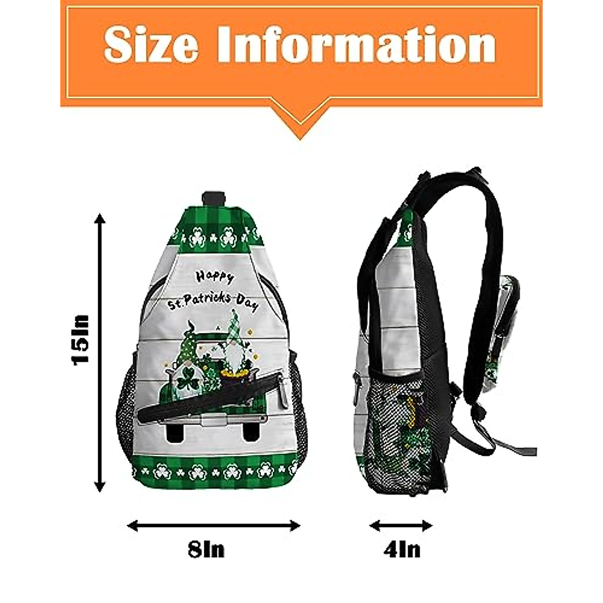 Sling Backpack, St. Patrick's Day Truck Pull Gnomes on Rustic Wood Grain Waterproof Lightweight Small Sling Bag, Travel Chest Bag Crossbody Shoulder Bag Hiking Daypack for Women Men