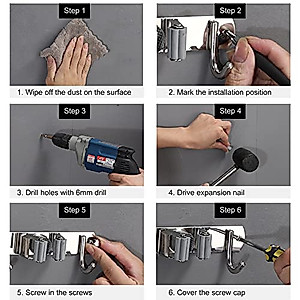 GDTOOLMMY Broom Holder Wall Mount, Stainless Steel Mop Holder Self Adhesive Durable Heavy Duty Broom Hanger Storage Rack for Home, Kitchen, Garden and Garage 5 Rack 4 Hooks(2pack)