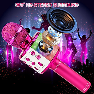 ShinePick Karaoke Microphone, 4 in 1 Wireless Microphone with LED Lights Handheld Portable Karaoke Machine, Home KTV Player, Compatible with Android & iOS Devices(Purple)
