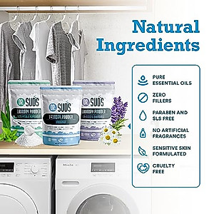 Dr Suds Laundry Powder Variety Bundle 3 Pack 192 Ounces Total Three 64 Oz Pouches Scented with Lavender and Eucalyptus Plus Unscented Variant Made in USA