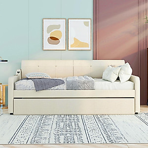 Twin Size Wood Upholstery Sofa Bed,Convertible Sleeper Sofa with Trundle and USB Charging,Trundle Can Be Flat or Erected,for Living Room Bedroom