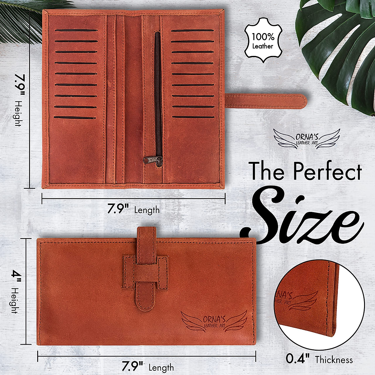 ORNA'S LEATHER ART GOLDFINCH COGNAC WALLET: Women’s Brown Billfold, Stylish, Handcrafted, Real Cowhide, Spacious, 18 Card Holders, 6 Money Pockets,