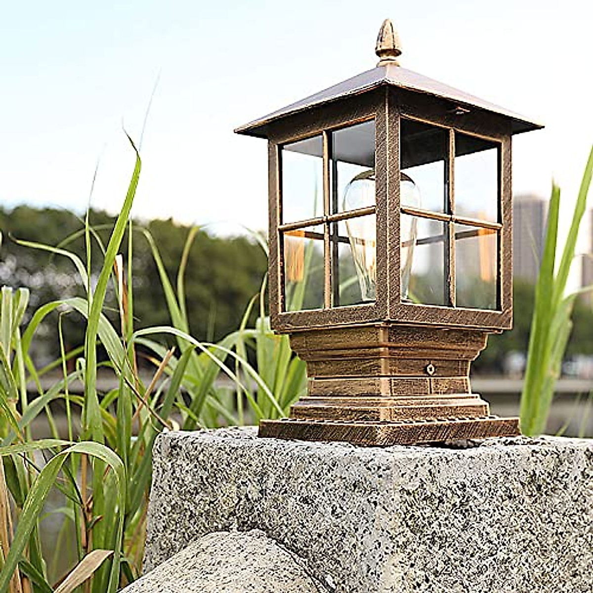 CZLZY European Style E27 Pillar Lamp Outdoor Courtyard Fence Post Light Waterproof IP54 Glass Lampshade Garden Lawn Decoration Column Light Base Landscape Light Pillar Pole Lamp