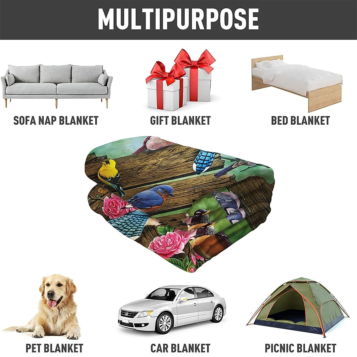 KLRIGR Soft Cozy Fleece Throw Blanket for Couch, Birds and Flowers, 50X60 Inches