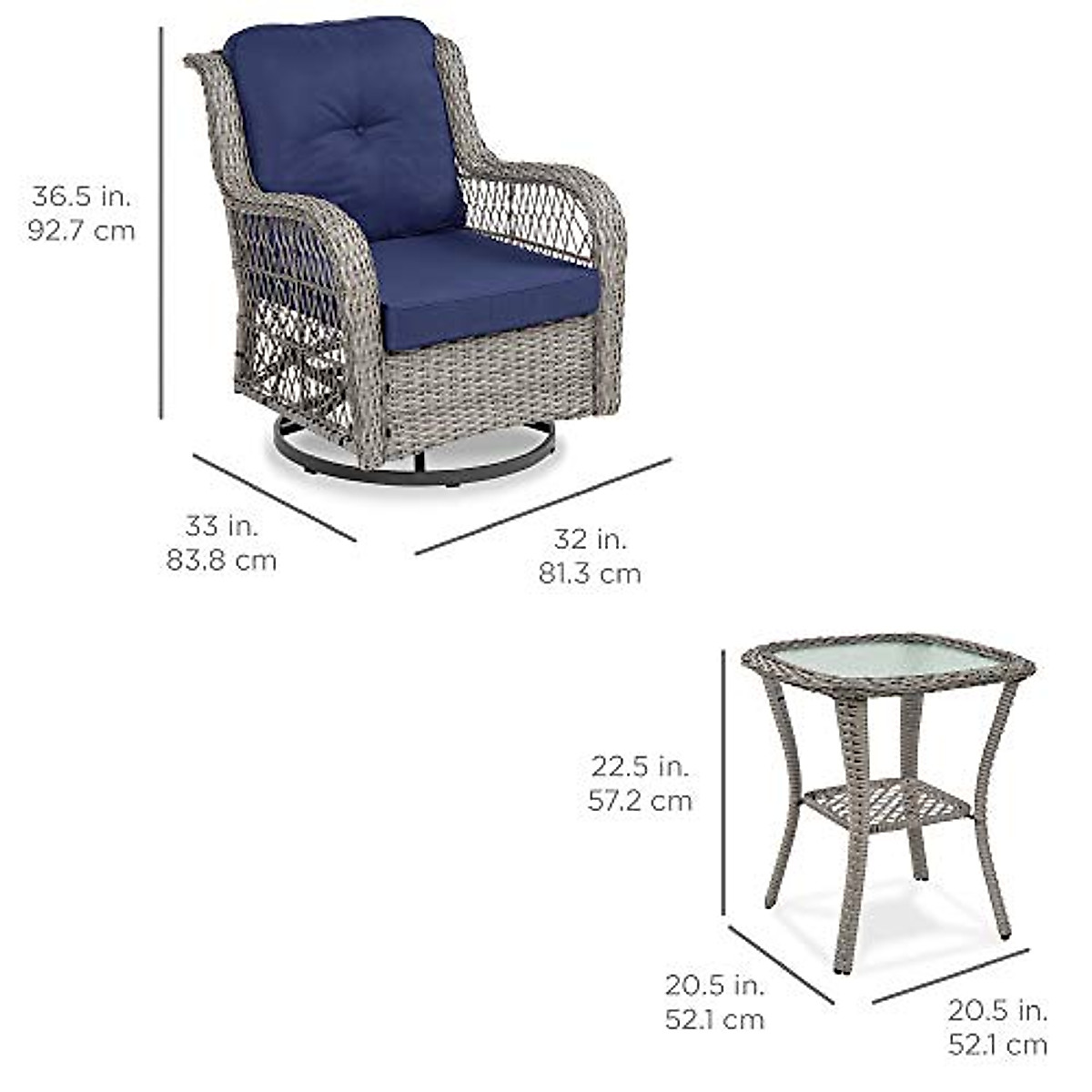 Best Choice Products 3-Piece Outdoor Wicker Patio Bistro Set w/ 2 360-Degree Swivel Rocking Chairs and Tempered Glass Top Side Table - Navy