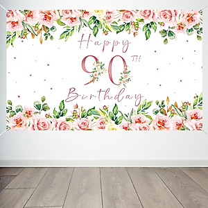 Crenics 90th Birthday Decorations for Women, Rose Gold Floral Happy 90th Birthday Banner Backdrop for Female 90 Birthday Party Supplies, 5.9 x 3.6 Ft