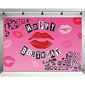 Hot Rose Pink Lip Happy Birthday Banner Backdrop Burn Book Theme Decorations Decor for Bridal Shower Wedding Night Out Hen Movie Party Bachelorette Party Girls Woman Birthday Party Favors Background