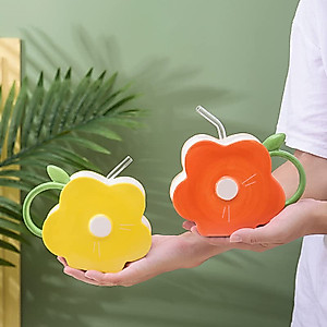 berjaya 13 oz Flower Shaped Ceramic Mug with Straw and Lid Large Capacity Coffee Home Decoration Gift (yellow)