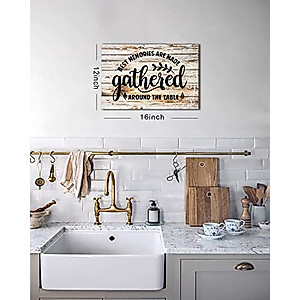 Farmhouse Dinning Room Wall Art Gather Signs for Home Decor Accessories Motivational Saying Quotes Canvas Pictures Poster for Kitchen Decorations 12x16”, Rustic Wood Grain Prints Painting Artwork