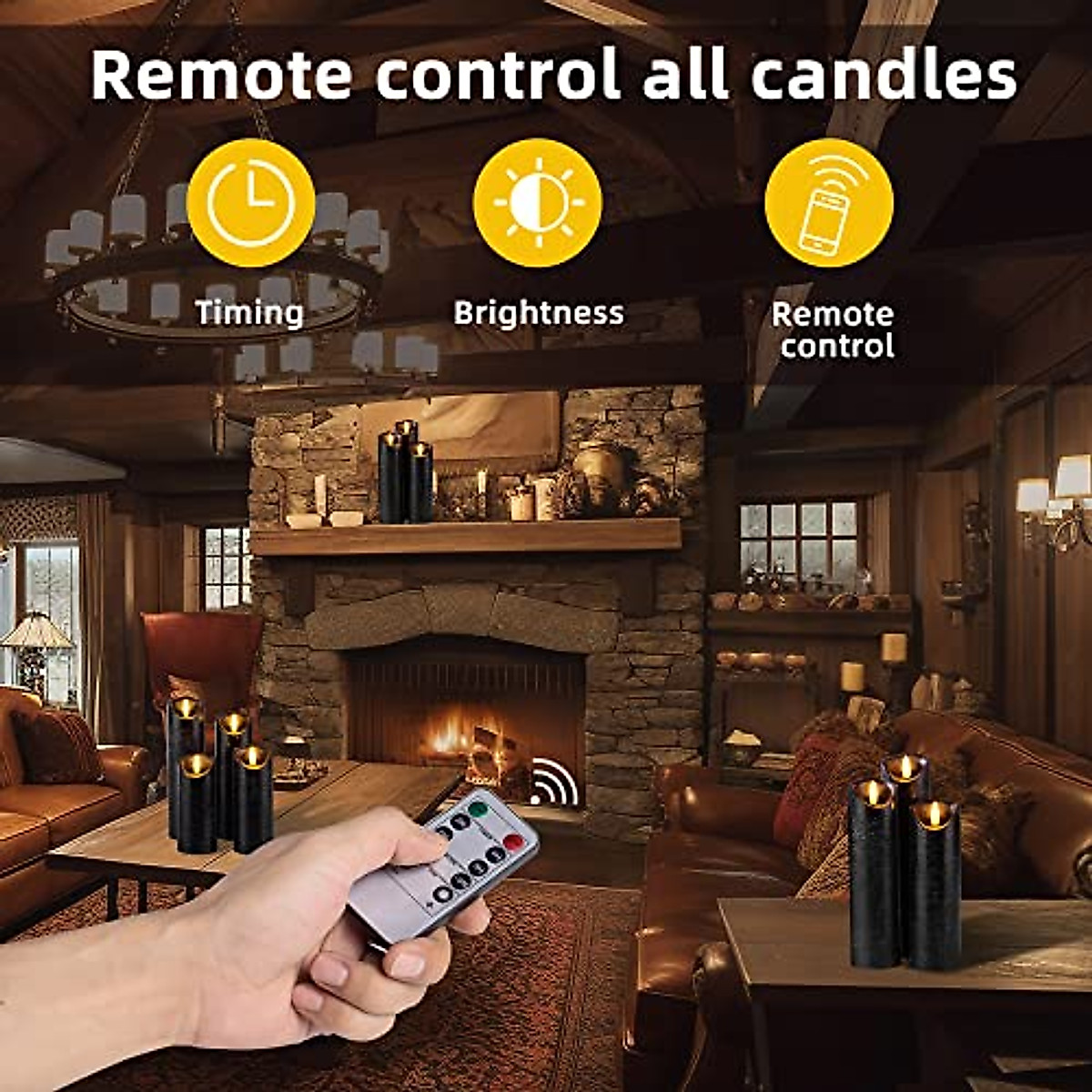 RY King Set of 9 Black Regular Textured Flameless Candles Battery Operated LED Real Wax Electric Candles with Remote Control Timer for Wedding Birthday Halloween Christmas Decorations
