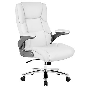 Office Chair, Comfortable Office Chair with Flip-Up Arm, High Back Office Chair with 400LBS Load -Bearing Capacity, Comfy Office Chair for Heavy People, Big and Tall Office Chair, White, Faux Leather