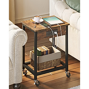 TC-HOMENY End Table Set of 2 with Charging Station & USB Ports, Side Table with Wheels & Storage Shelf Nightstand for Living Room Bedroom