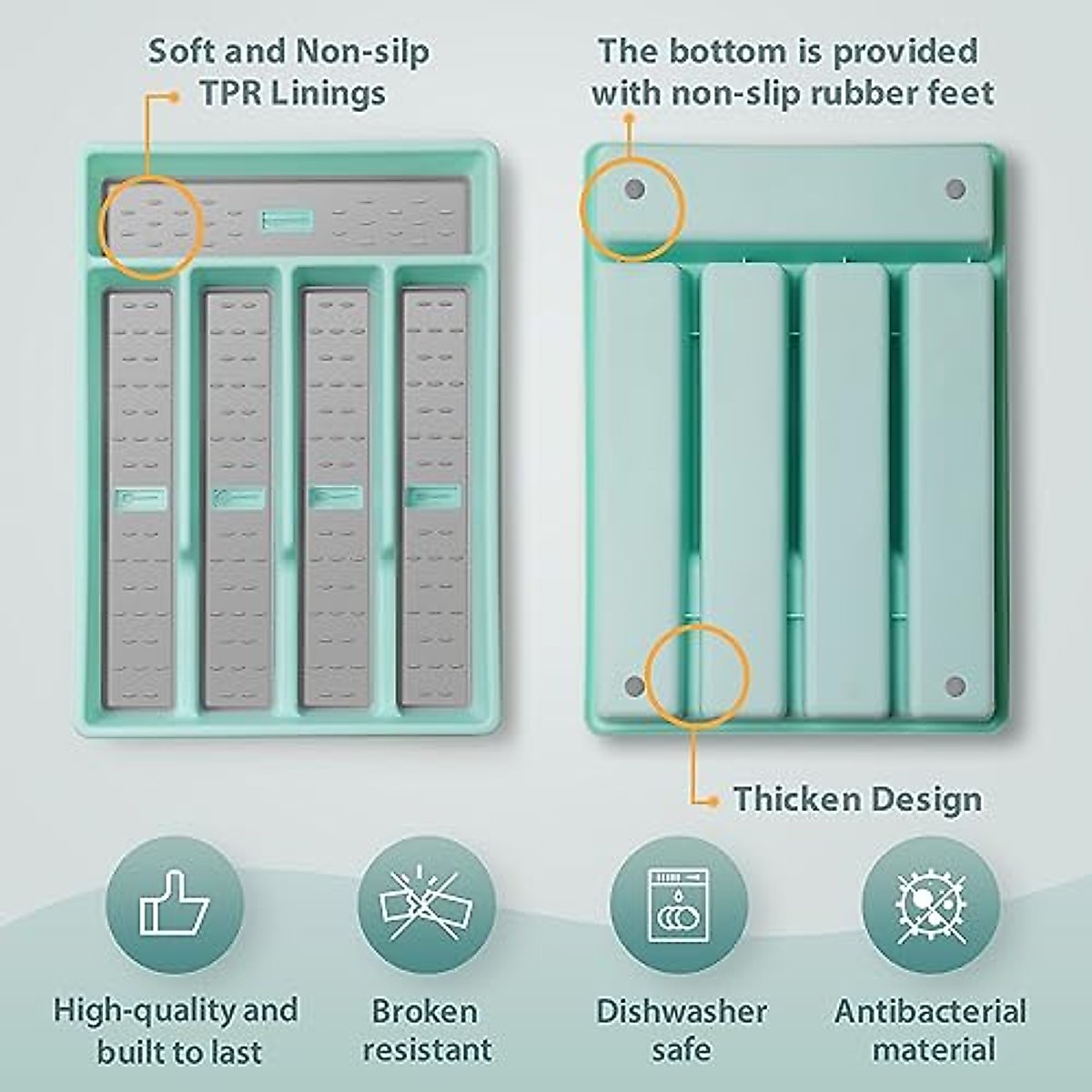 Joequality Silverware Organizer with Icons，Plastic Cutlery silverware Tray for Drawer，Utensil Flatware Tableware Organizer for Kitchen with Non-slip TPR,Fits Standard Drawer,5-Compartment,Light Blue