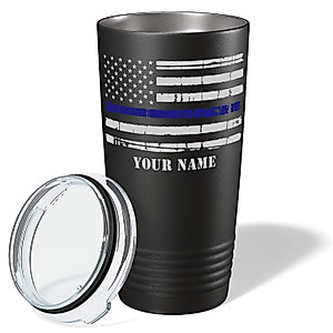 Personalized Distressed Thin Blue Line Flag Police Officer on Black 20 oz Tumbler with Lid - Law Enforcement Gift - Insulated Cup - Travel Mug