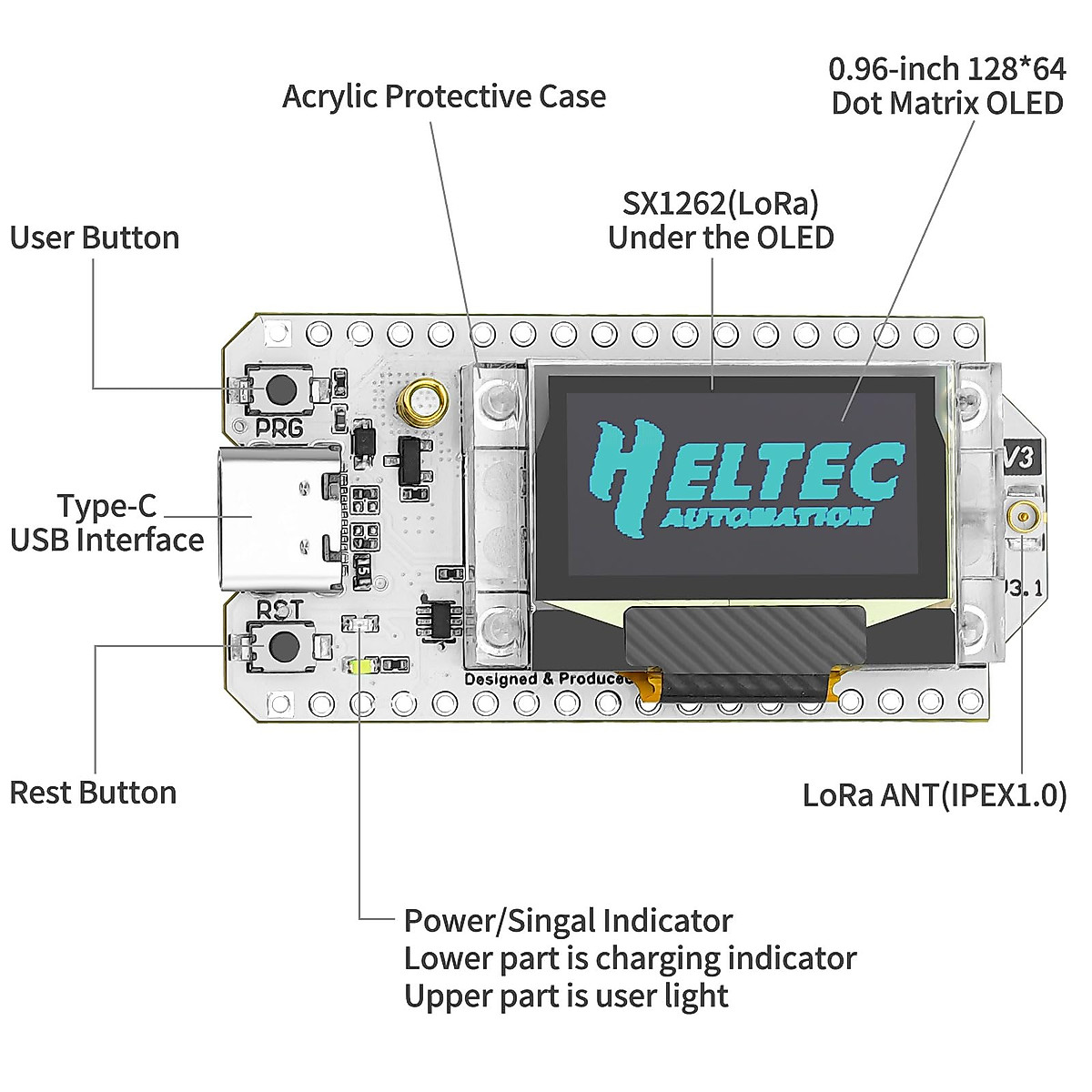 MakerFocus ESP32 LoRa V3 Development Board with 915 MHz Antenna Integrated WiFi Bluetooth SX1262 CP2102 0.96-inch OLED Display Type C for Meshtastic IoT Arduino Intelligent Scenes