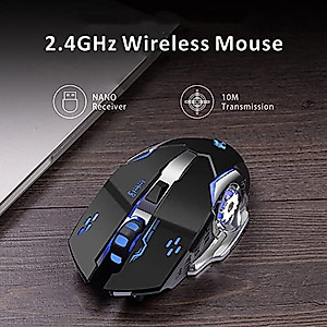 Uciefy T85 Rechargeable Wireless Mouse, 2.4G Ergonomic Silent Gaming Mice Portable Optical with USB Receiver, 3 Adjustable DPI, 6 Buttons LED Lights for Laptop/PC/Chromebook (Black)