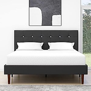 Yegee Queen Size Platform Bed Frame, Linen Faux Leather Wrap with Crystal-Button Tufted Headboard, Strong Frame and Wooden Slats Support, No Box Spring Needed, Non-Slip and Noise-Free, Easy Assembly