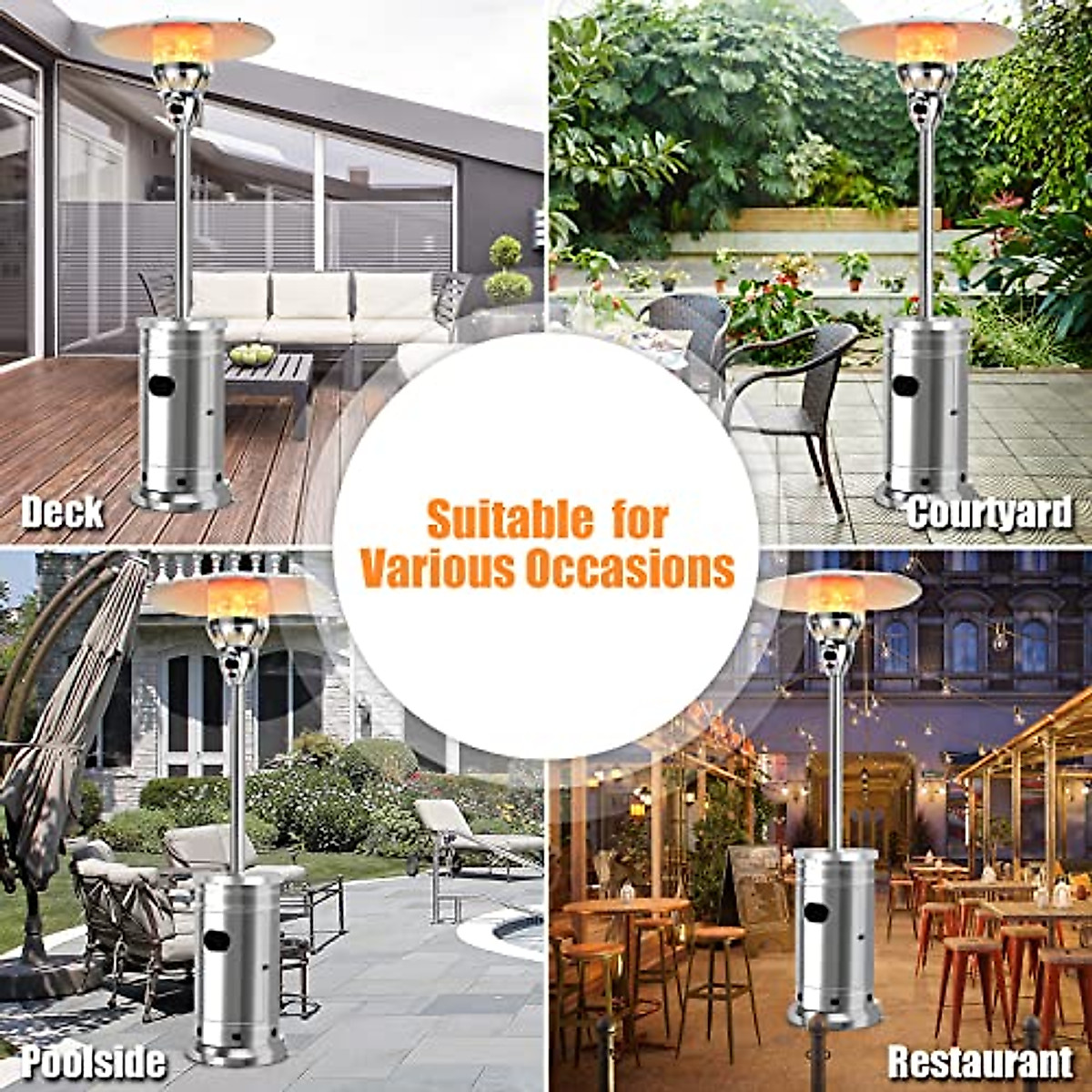 Tangkula 48,000 BTU Outdoor Patio Heater with Wheels, Stainless Steel Propane Heater with Tip-Over & Flameout Protection, Propane Gas Heater with Drink Shelf Table for Commercial & Residential
