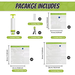 Sous Vide Bags Kit, RIIMONE 23 pack Reusable Vacuum Food Storage Bags with 3 Sizes Vacuum Food Bags,1 Hand Pump,5 Sealing Clips and 2 Clamps for Food Storage and Sous Vide Cooking