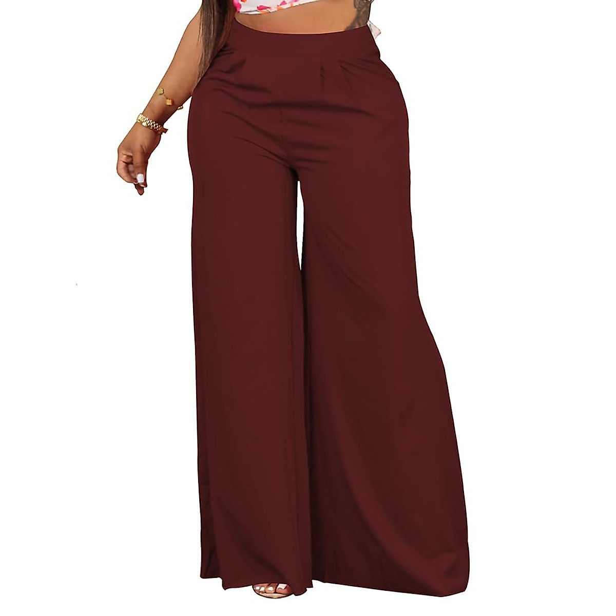PINSV Wide Leg Pants for Women High Waisted Palazzo Lounge Dress Pants for Work Casual Wine Red XL