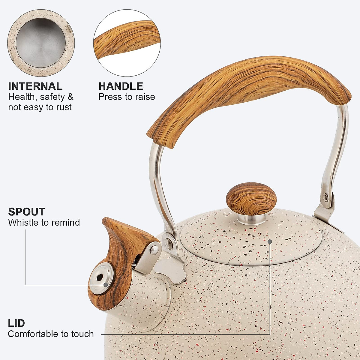 2.6 Quart/2.5 Liter Whistling Tea Kettle Stainless Steel Tea Pots for Stove Top Stylish Kettle With Wood Pattern Anti-slip Handle, White
