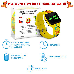 ATHENA FUTURES Potty Training Count Down Timer Watch with Lights and Music - Rechargeable, Dinosaur Yellow Band and Potty Training Chart for Toddlers - Sticker Chart, 4 Week Reward Chart