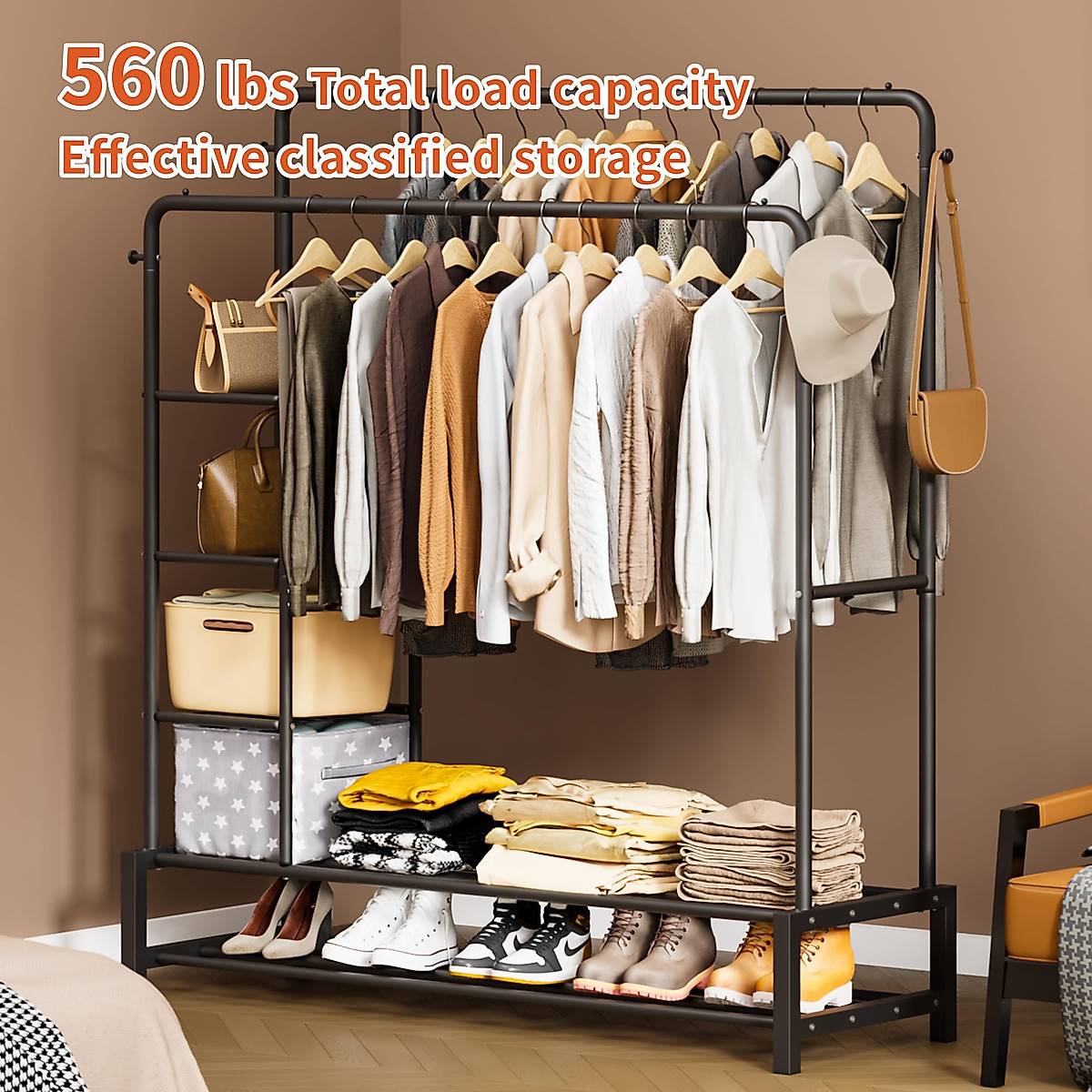 JOISCOPE 47'' * 67'' Heavy Duty Clothes Rack, Double Rods Clothing Racks for Hanging Clothes, Garment Rack with 5 Tier Closet Shelves & 4 Hooks for Clothing Storage, Metal Black Clothing Rack