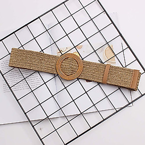 YUCFOREN Women Skinny Dress Belt, Fashion Straw Woven Elastic Stretch Waist Band Wood Buckle Belt