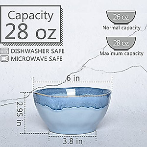 Bosmarlin Ceramic Soup Bowl Set of 4, 28 Oz, Cereal Bowl for Oatmeal, Dishwasher and Microwave Safe, Reactive Glaze (Blue, 6 inches)