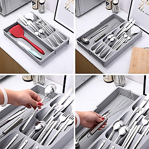 Kacua Silverware Tray for Drawer, Expandable Kitchen Drawer Organizer, Utensil Tray Drawer Organizer for Silverware, Flatware, Knives, Gray