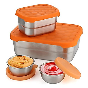 zeeooil Stainless Steel Containers with Lids Set of 4 Reusable Food Storage Container with Sauce Cups Leak Proof Lunch Container Bento Box(720ml, 230ml, 50ml*2)