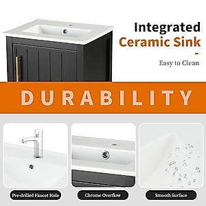 20" Bathroom Vanity Cabinet with Ceramic Sink Top Set, Freestanding, Two-Tier Storage Rack, Soft Closing Door, Black