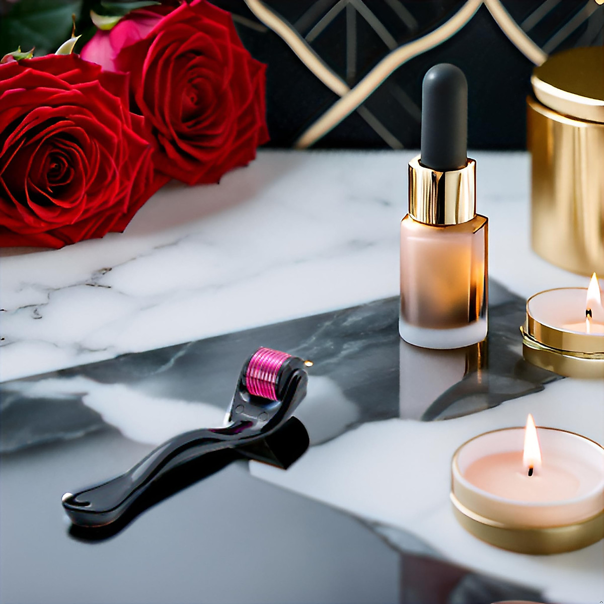 Titanium Needle Roller for Face Hair Beard - 540 .25mm Needles for Beauty Skin Care - Kit with The Best Home Cosmetic Tool and Storage Case for Pro Treatment - Upload eBook - for Women and Men