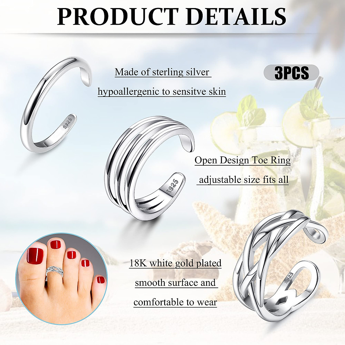 MILACOLATO 3Pcs Sterling Silver Toe Rings for Women 18K White Gold Plated 3 Row Wrap Cuff Celtic Knot Band Toe Rings Hypoallergenic Adjustable Toe Rings Summer Beach Foot Jewelry Set