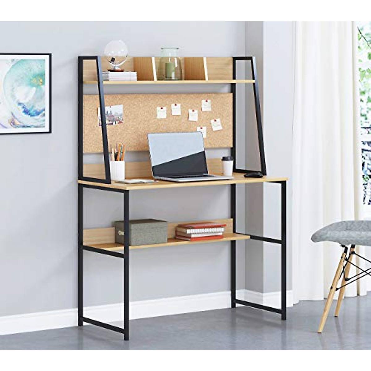Spirich-Home Office Desk with Storage Shelf,Study Desk with Hutch for Small Spaces,Office Desk with Cork Bulletin Board,Wood,Walnut