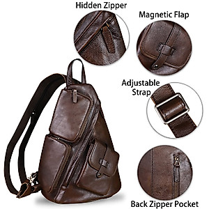 Genuine Leather Sling Bag Crossbody Casual Hiking Daypack Vintage Handmade Chest Bag Shoulder Backpack Motorcycle Pack Rucksack (Coffee)