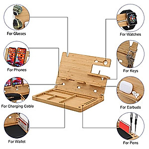 AeroShelf Wooden Nightstand Charging Station, Bedside Table Organizer for Men, Foldable Cell Phone Stand for Desk, Dad Gifts for Fathers Day, Bamboo Docking Station