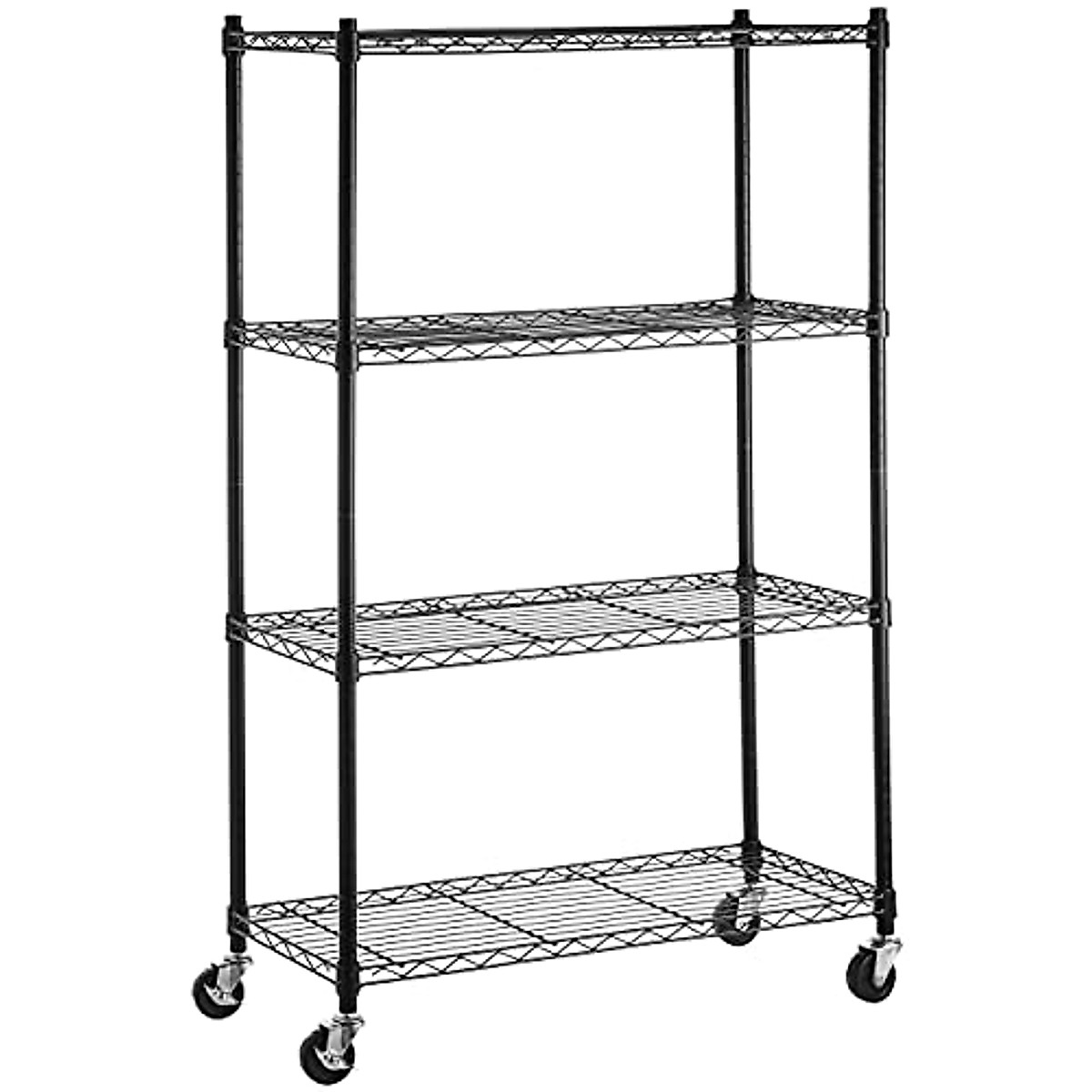 Amazon Basics 4-Shelf Shelving Storage Unit on 3'' Wheel Casters, Black (36L x 14W x 57.75H) & 3-Shelf Adjustable, Heavy Duty Storage Shelving Unit (250 lbs), Black (23.3L x 13.4W x 30H)