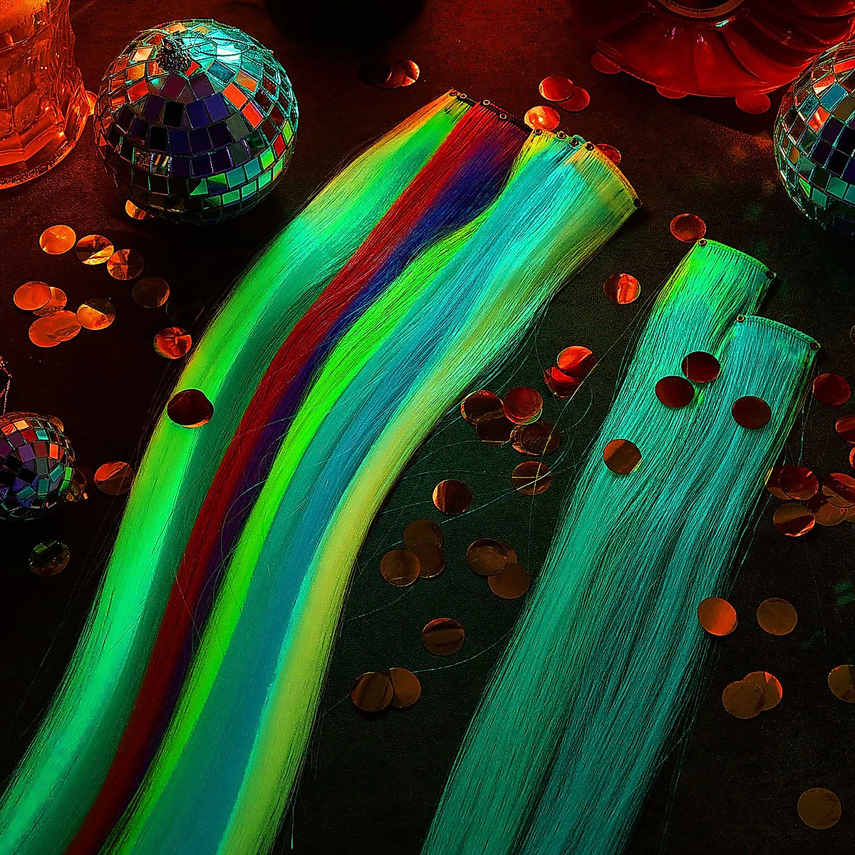 20 Pcs Glow in the Dark Hair Extensions Clip Luminous Colored Hairpieces Party Rainbow Hair Clips Synthetic Neon Fake Hair Clips Hair Accessories for DIY Women Kids Girls, 10 Color (Straight Hair)