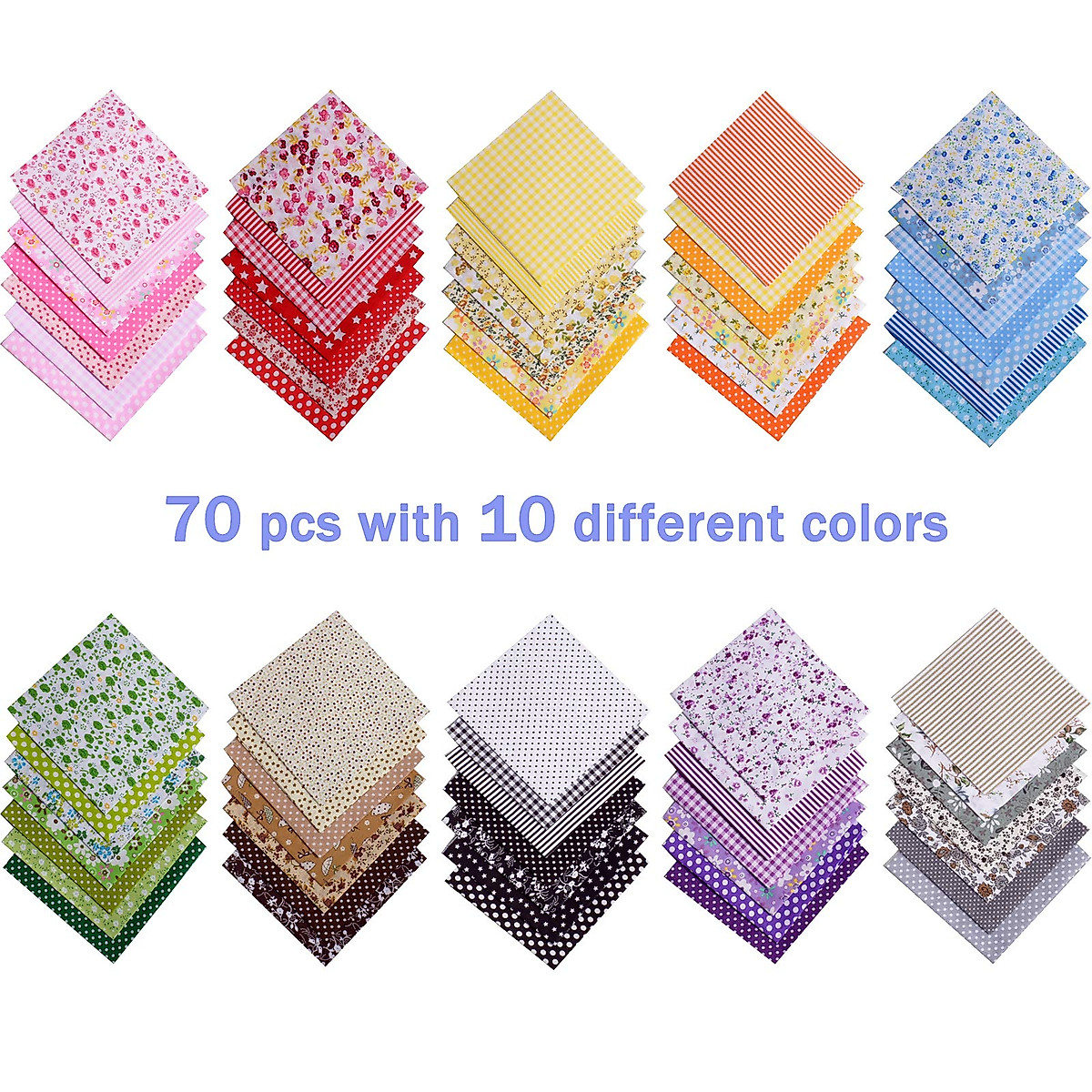 Pofik 70Pcs No Repeat Design Squares Quilting Fabric Bundles, 9.8"x9.8"(25x25cm) 100% Cotton Printed Floral Craft Fabric, Precut Multi-Color for Patchwork DIY Craft Sewing