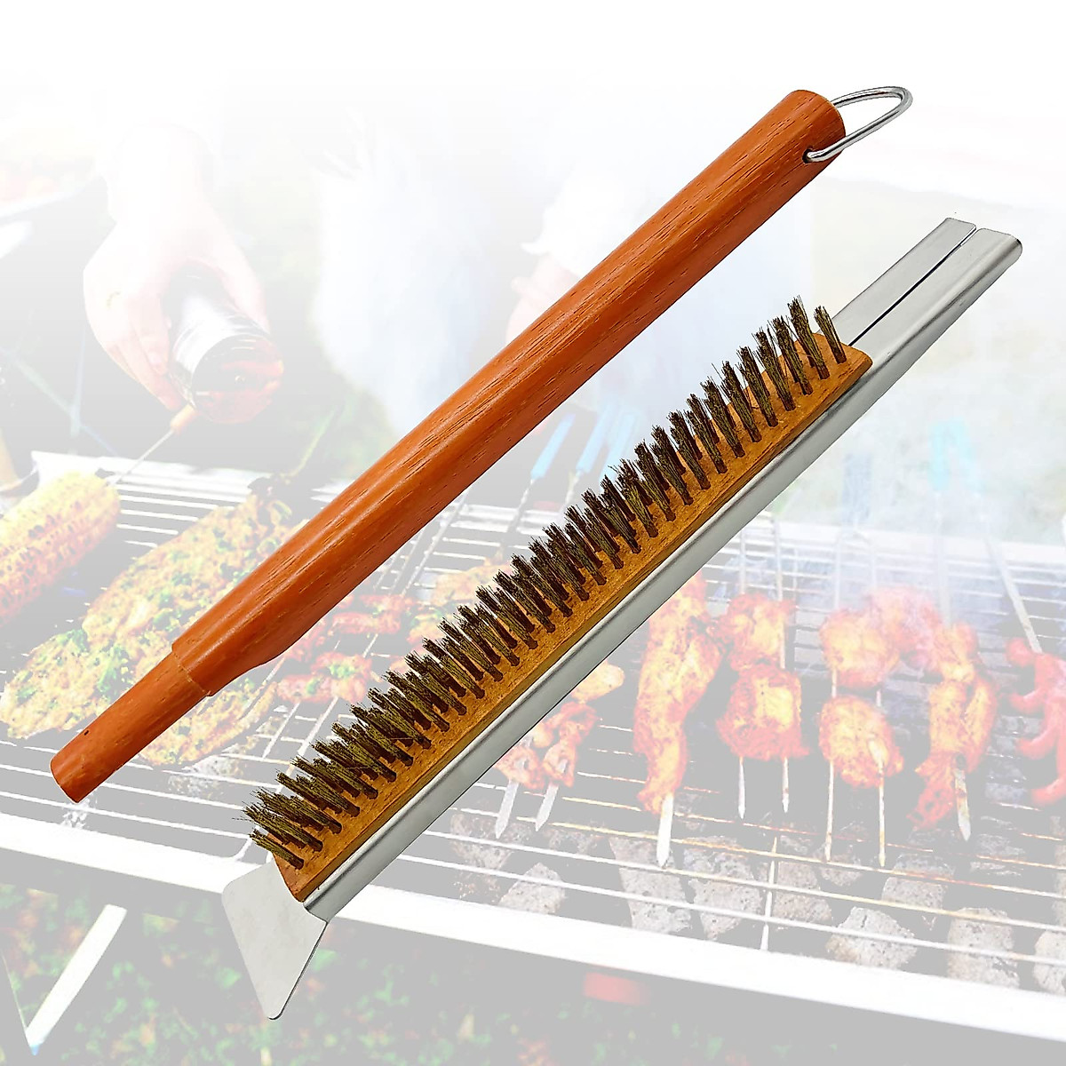 Weiwavivi 21'' Pizza Oven Brush,Brass bristles Pizza Stone Cleaning Brush with Scraper,Outdoor Pizza Oven Accessories