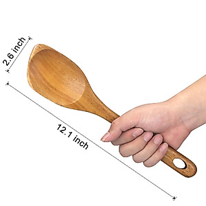 Large Wooden Cooking Spoon Mixing Serving Spoon Best Oak Wood Spoons for Cooking Spatula Non Toxic Kitchen Utensil 12.5 Inch Long Handle Spoon Big Stirring Corner Spoons