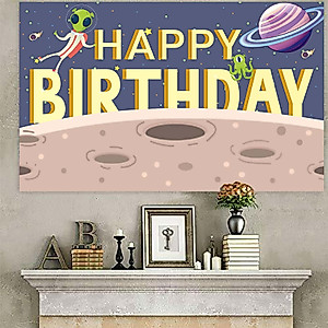 Cartoon Alien Happy Birthday Banner Backdrop Background Outer Space Invaders ET and UFO Monster Theme Decorations Decor for Boys Girls 1st Birthday Out of This World Party Supplies Favors