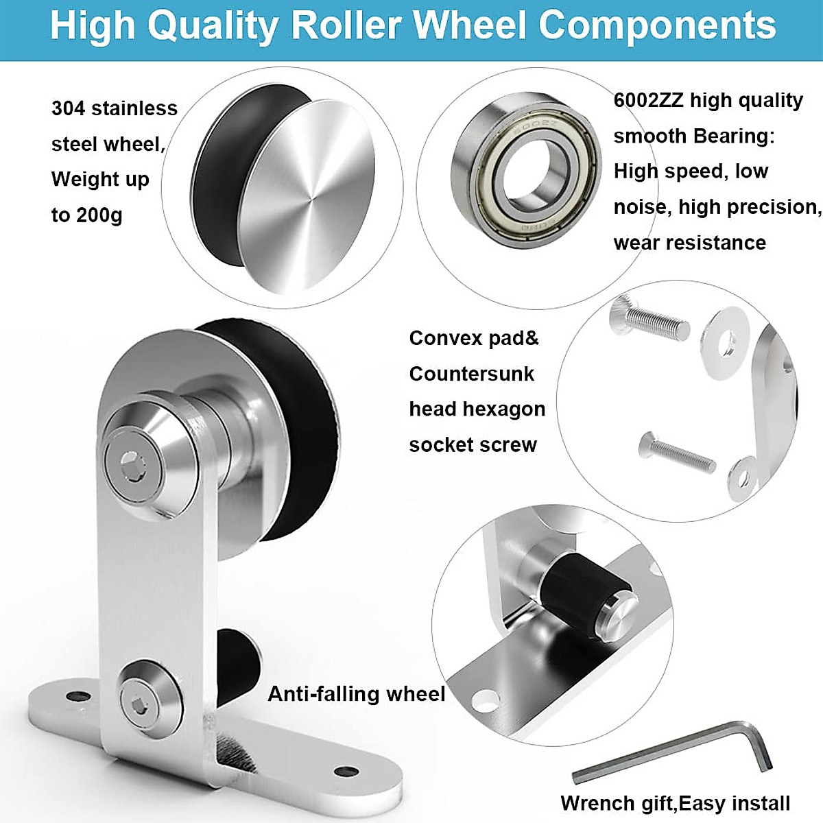 BONIKLUBA 6FT Stainless Steel Sliding Barn Door Hardware Track Kit Top Mount T Hanger Set for Single Door use, Easy to Install